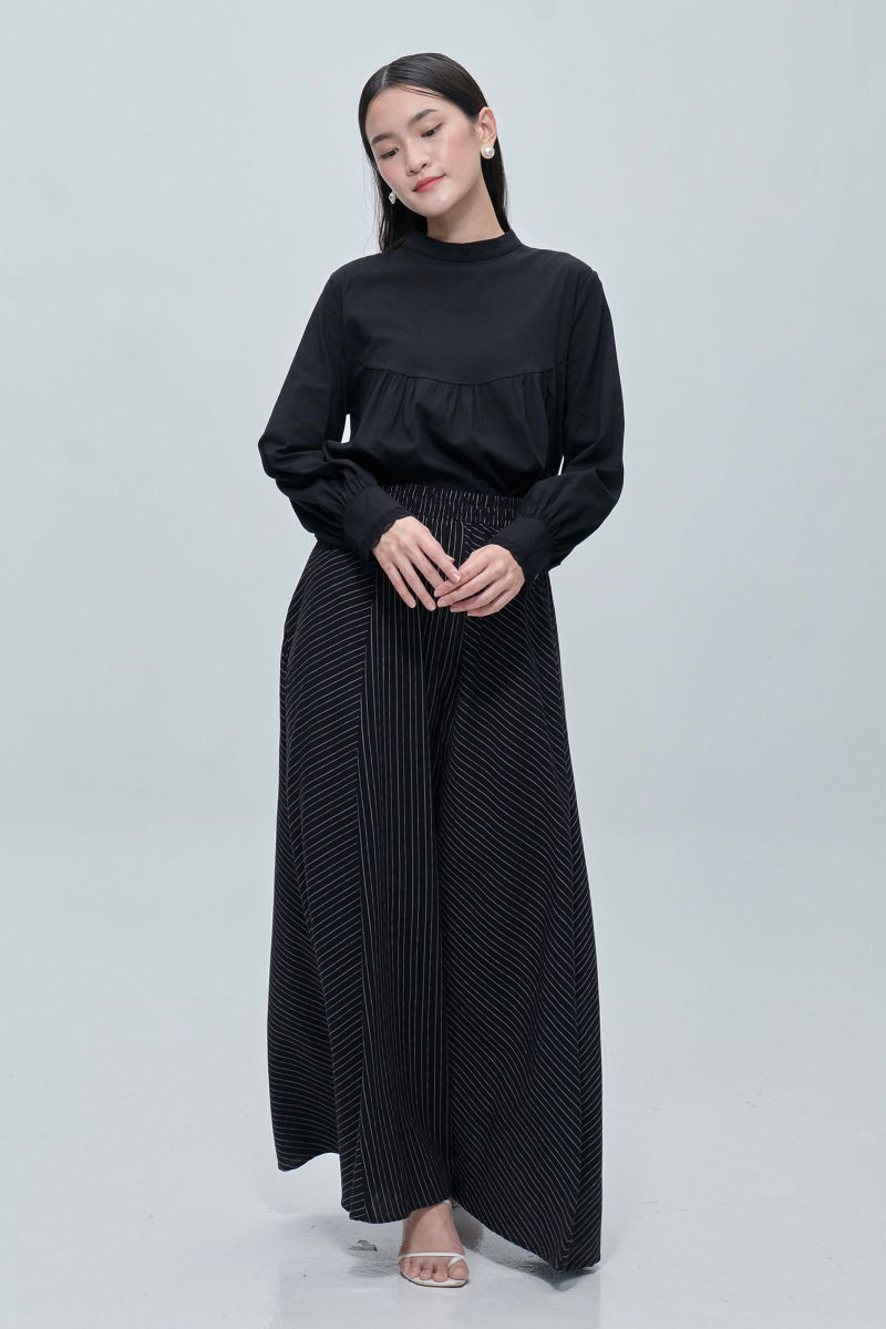 Black Elinie Stripes Maxi Cotton Skirt - MC Vogue Malaysia