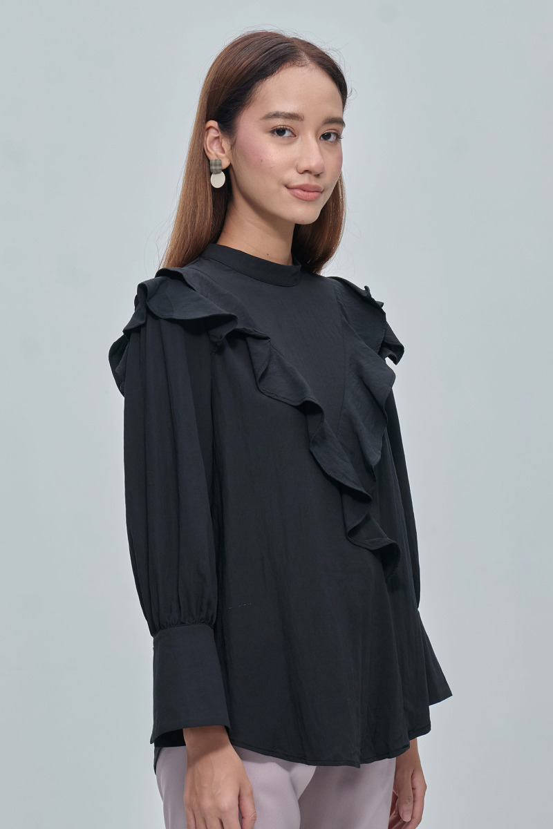 Black Giana Cotton Ruffle Trim Blouse - MC Vogue Malaysia